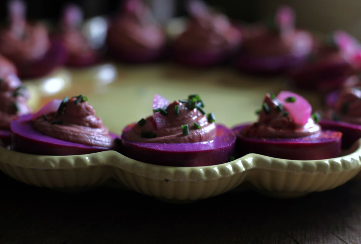 Beet Pickled Deviled Eggs - Little Fisher Farmhouse